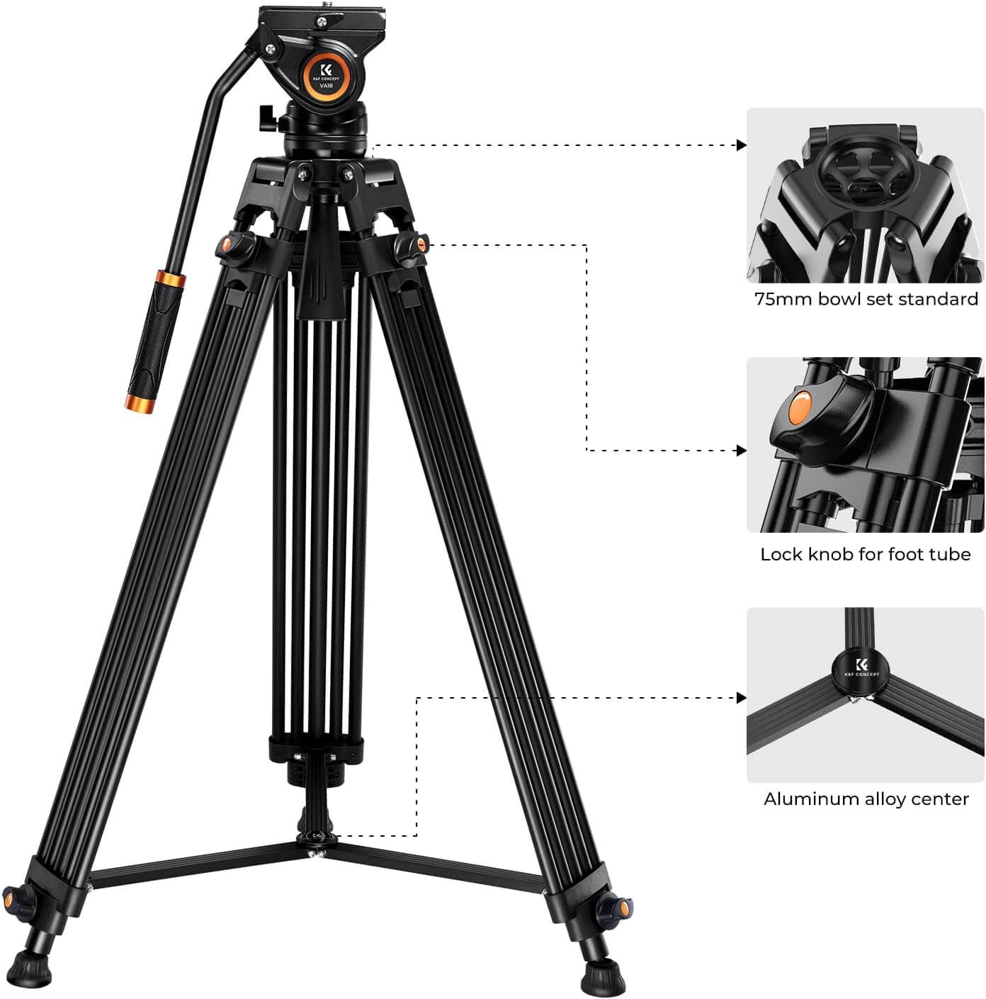 K&F Concept 72″/1.8m Heavy-Duty Aluminum Video Tripod with Fluid Head ...